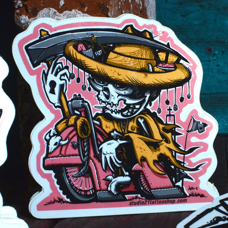 "Skeladude" Grim Reaper Biker Sticker – Studio 21 Tattoo Gallery